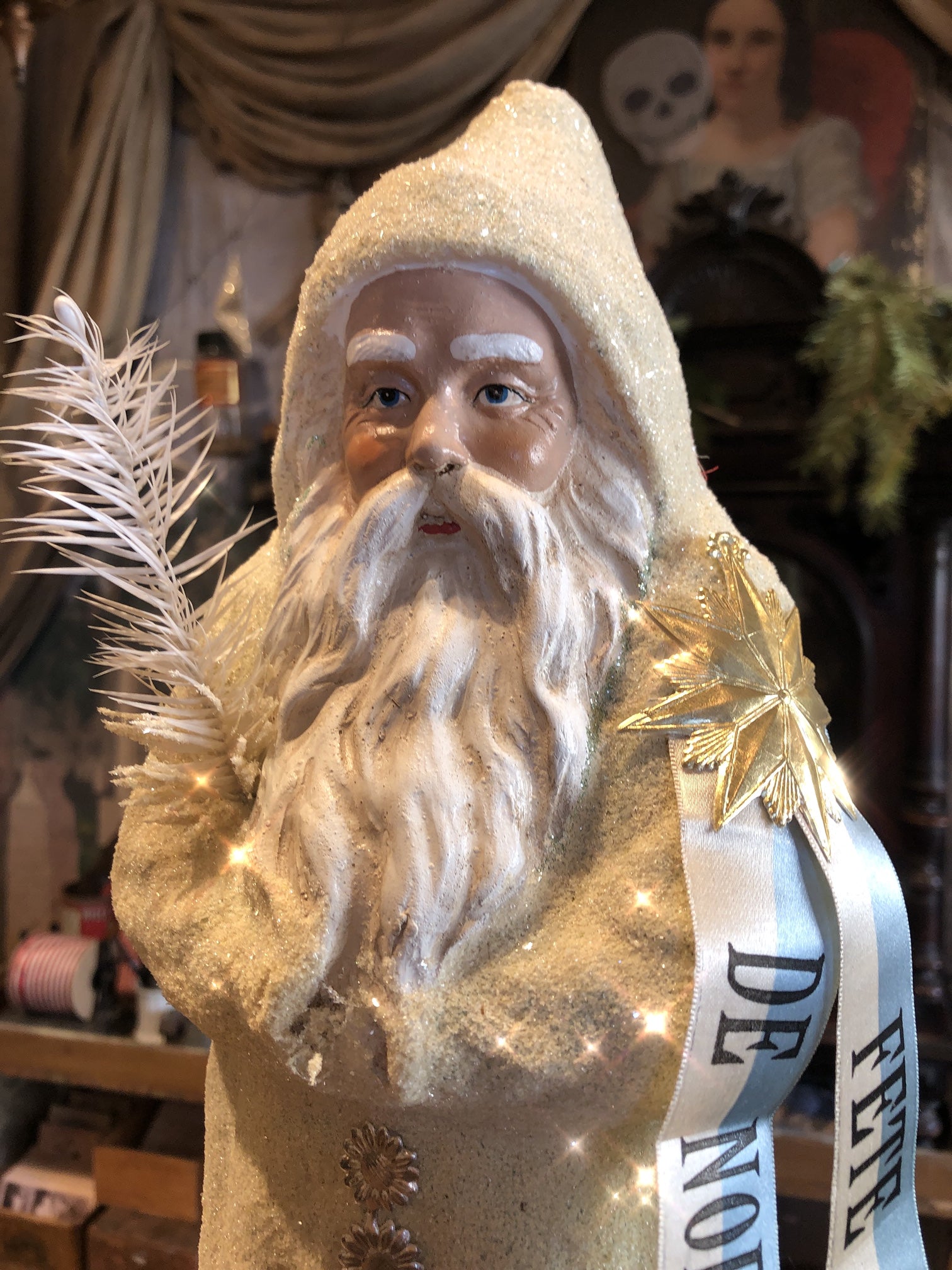 Snowy White Santa with Antique Ribbon Message – Wendy Addison Studio